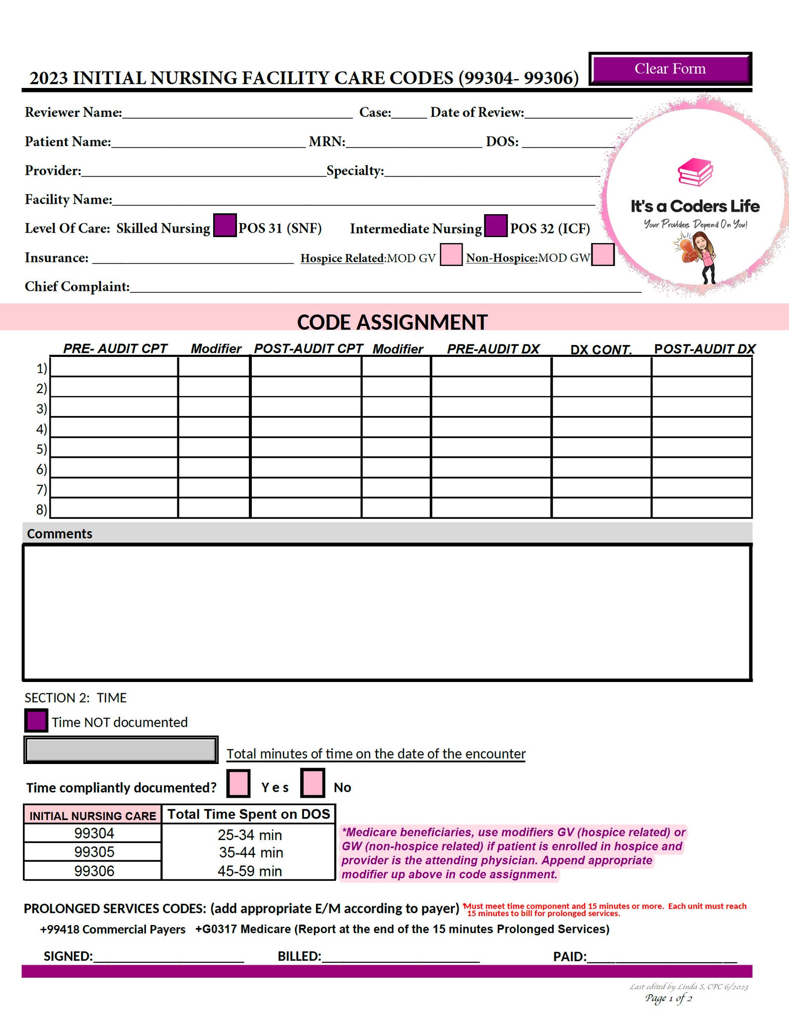 AMA 2023 Fillable Initial / Subsequent Nursing Facility Care Audit Tool ...