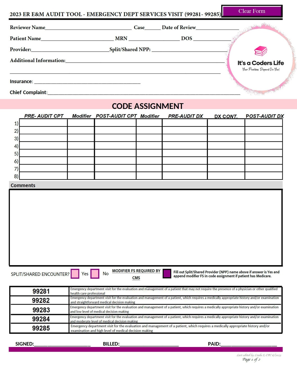 AMA 2023 FILLABLE PDF Emergency Room E/M Audit Tool. Improve Data Input ...