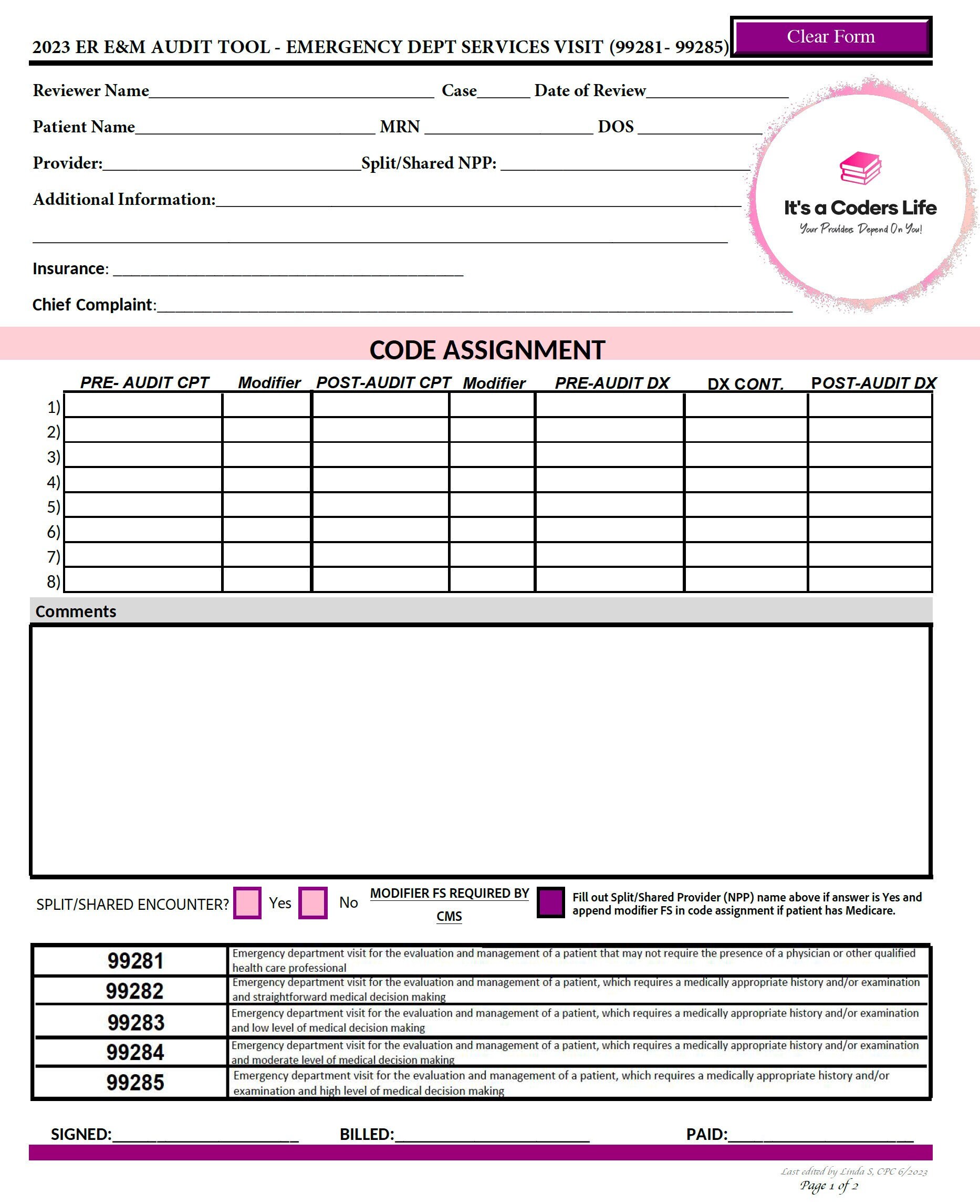 2023 ER E/M Audit Tool | Fillable Worksheet (PDF Digital Download) - Etsy