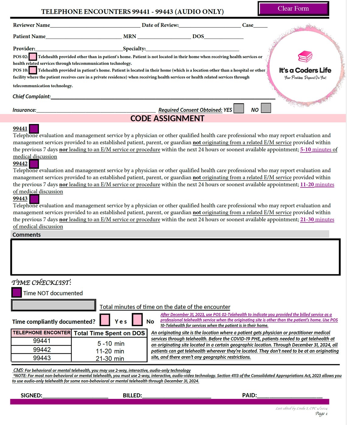Telehealth Telephone Encounters (audio Only) Worksheet (99441 - 99443 ...