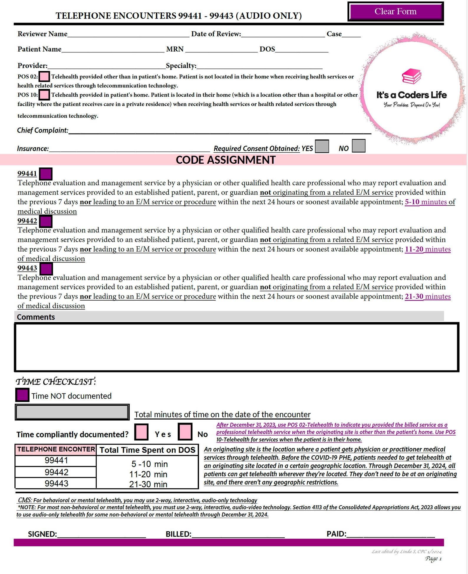Telehealth Telephone Encounters (audio Only) Worksheet (99441 - 99443 ...