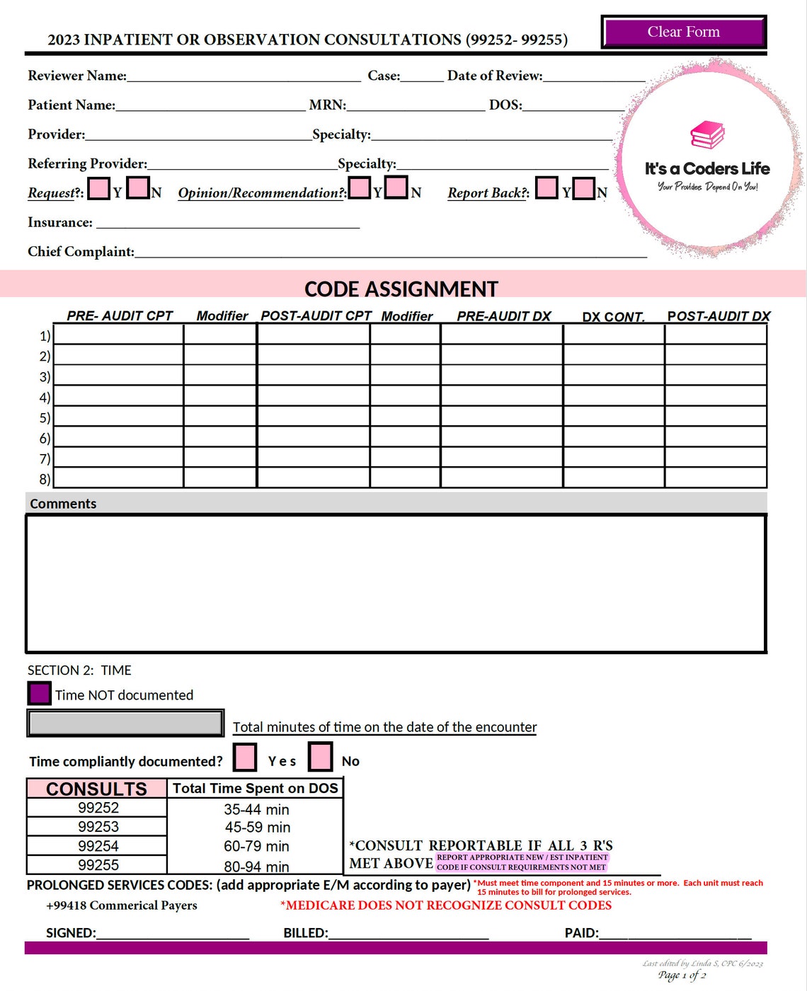 AMA 2023 FILLABLE PDF Inpatient or Observation Consultations E/M Audit ...