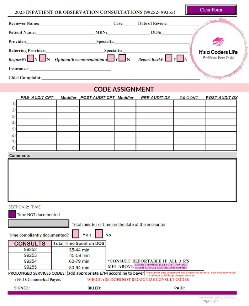 AMA 2023 FILLABLE PDF Inpatient or Observation Consultations E/M Audit ...
