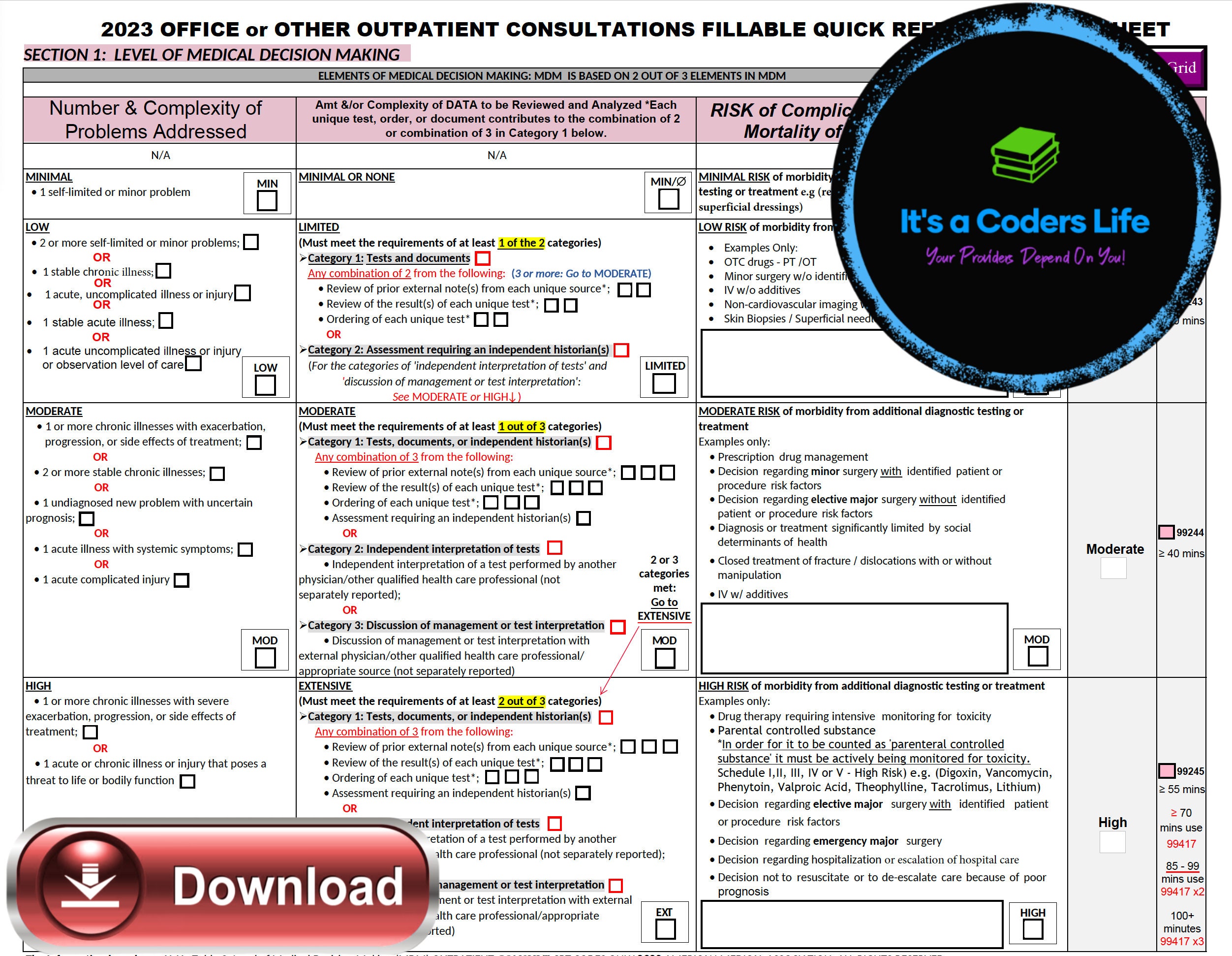 2023 E/M Audit Tool Worksheet: Outpatient Consultations, Fillable PDF ...