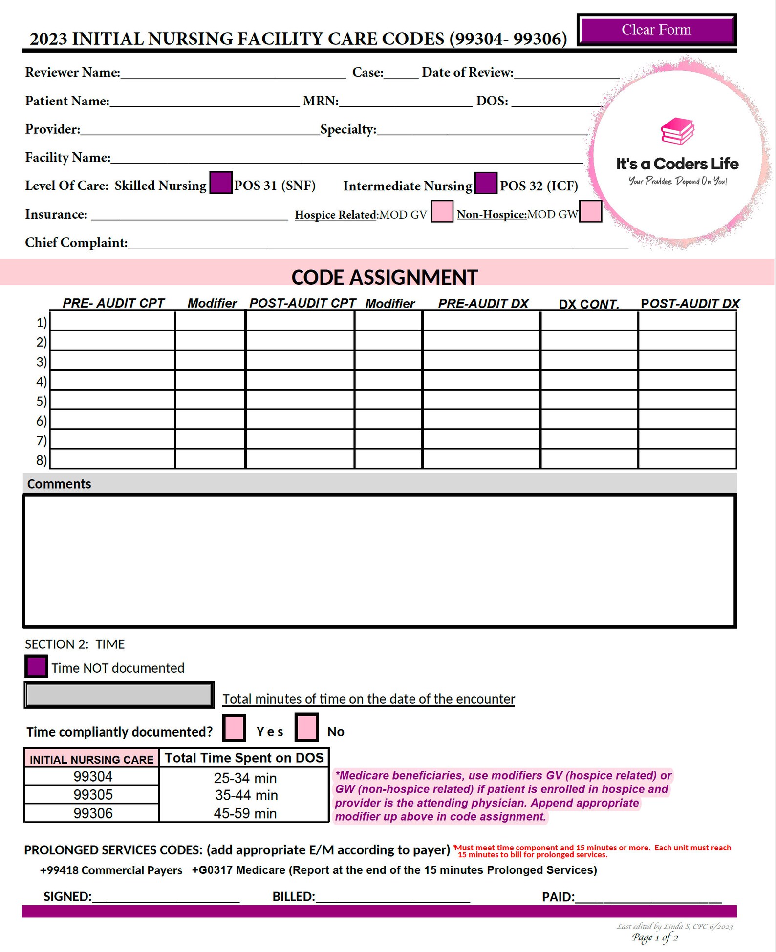 AMA 2023 Fillable Initial / Subsequent Nursing Facility Care Audit Tool ...