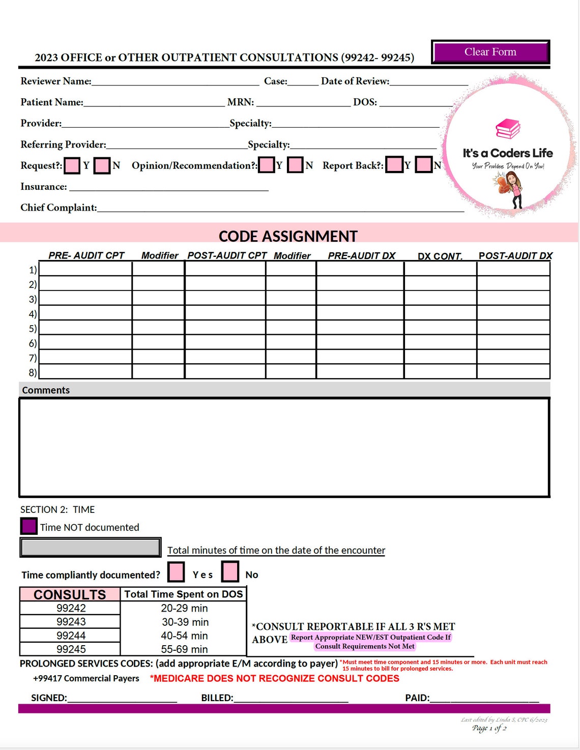 AMA 2023 FILLABLE PDF Office or Other Outpatient Consultations E/M ...