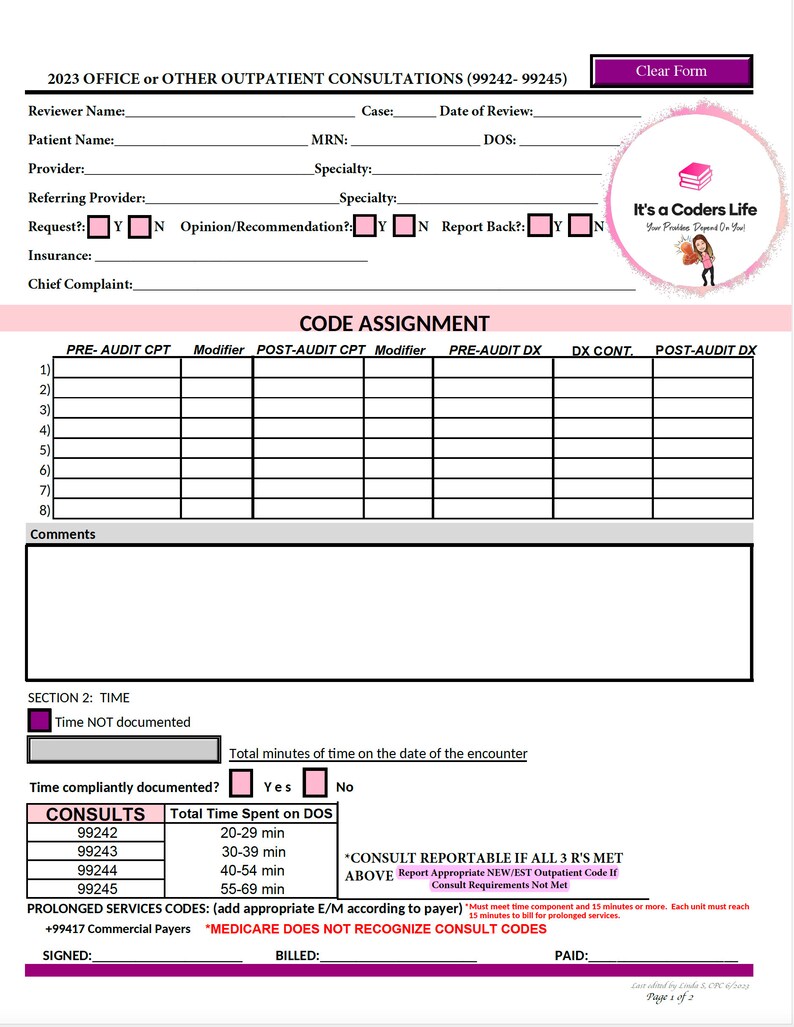 AMA 2023 FILLABLE PDF Office or Other Outpatient Consultations E/M Audit Tool Worksheet. Improve ...