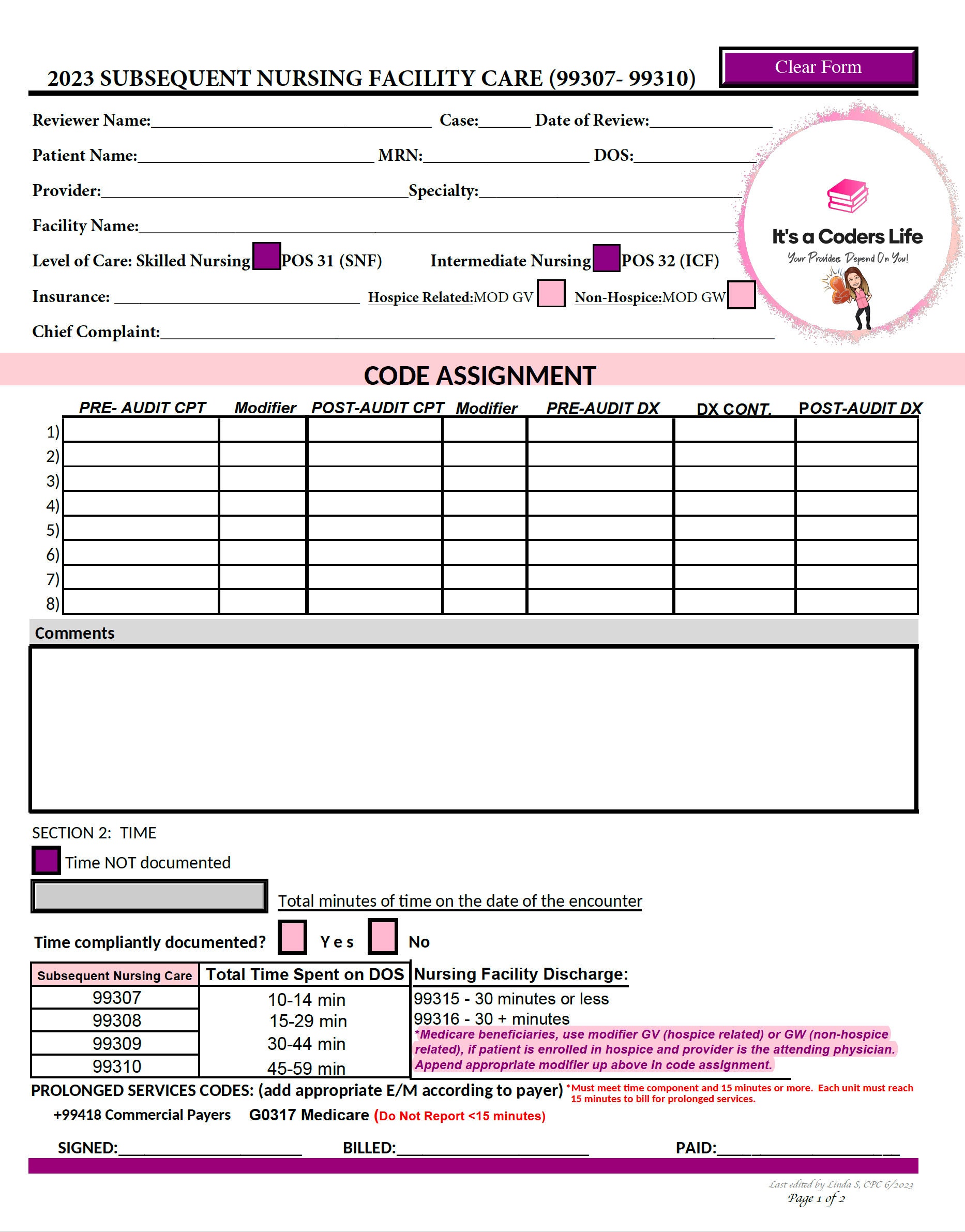 AMA 2023 Fillable Initial / Subsequent Nursing Facility Care Audit Tool ...