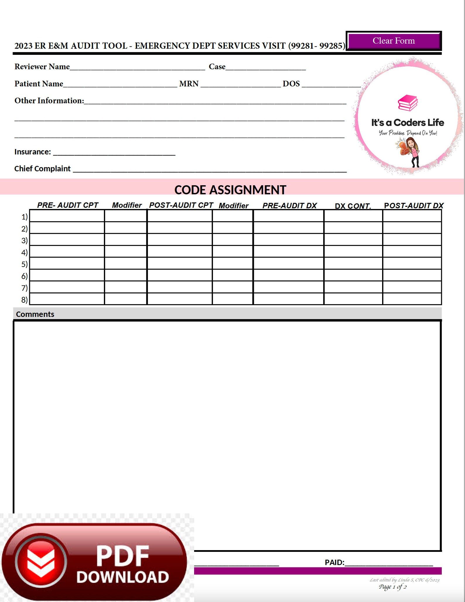 AMA 2023 FILLABLE PDF Emergency Room E/M Audit Tool. Improve - Etsy