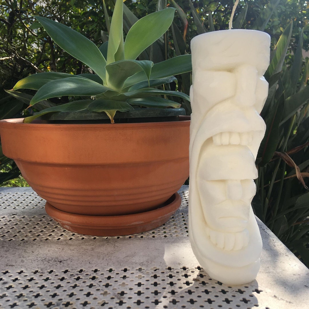 Primitive Face Sculpture Totem Tiki Moai Contemporary Candle Carved ...