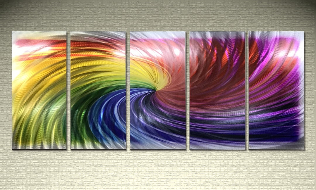 Rotating Rainbow Metal Wall Art: Contemporary Abstract Sculpture (64x25 ...