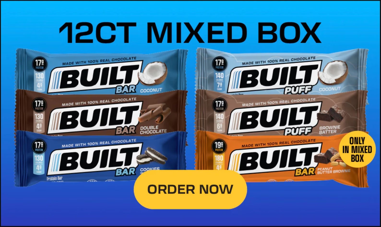 12 Built Bar Mixed Puff Protein Bars churro, Coconut, Brownie Batter ...