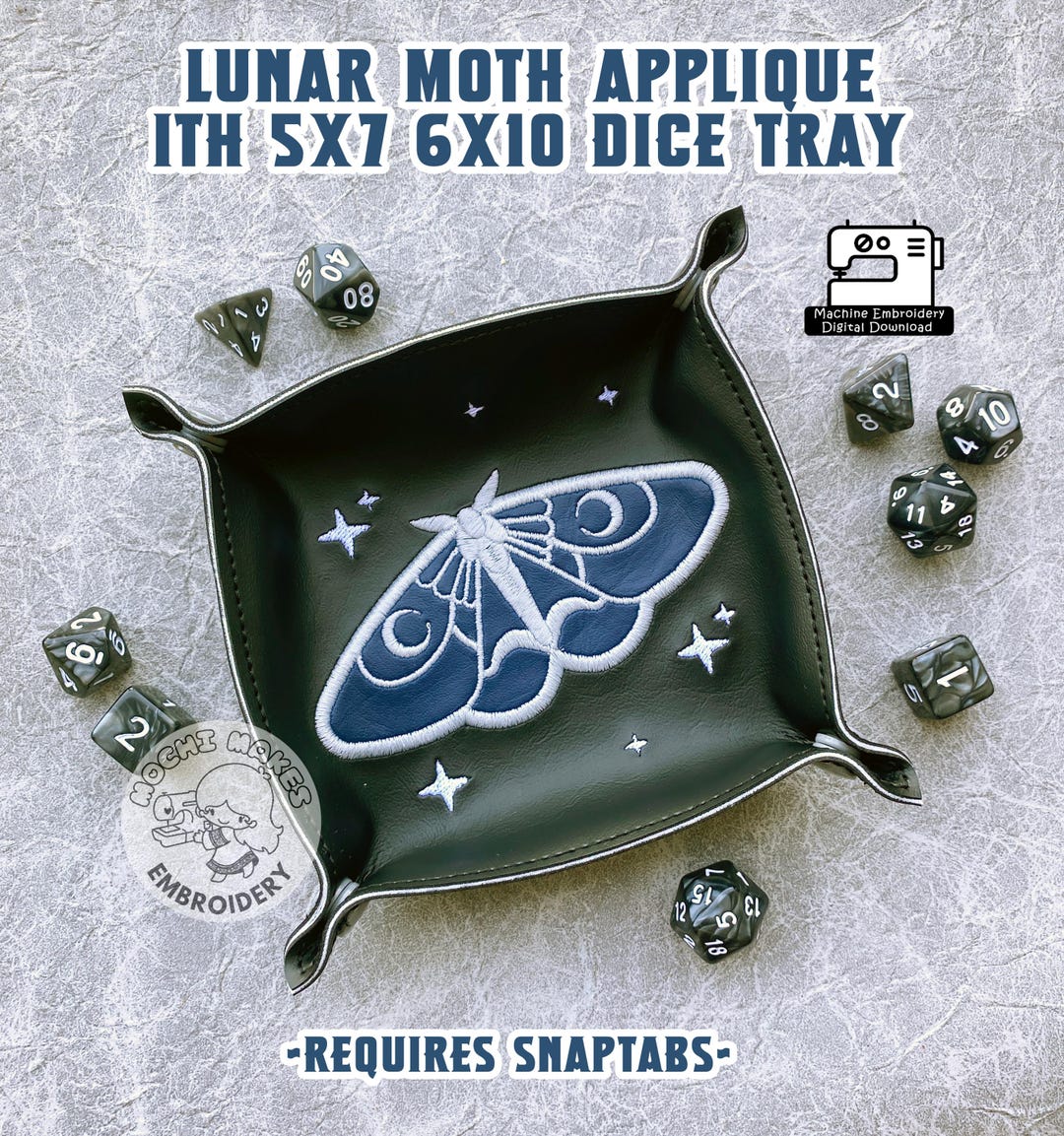 Lunar Moon Moth Applique ITH in the Hoop Dice Tray DND Dungeons Dragons ...