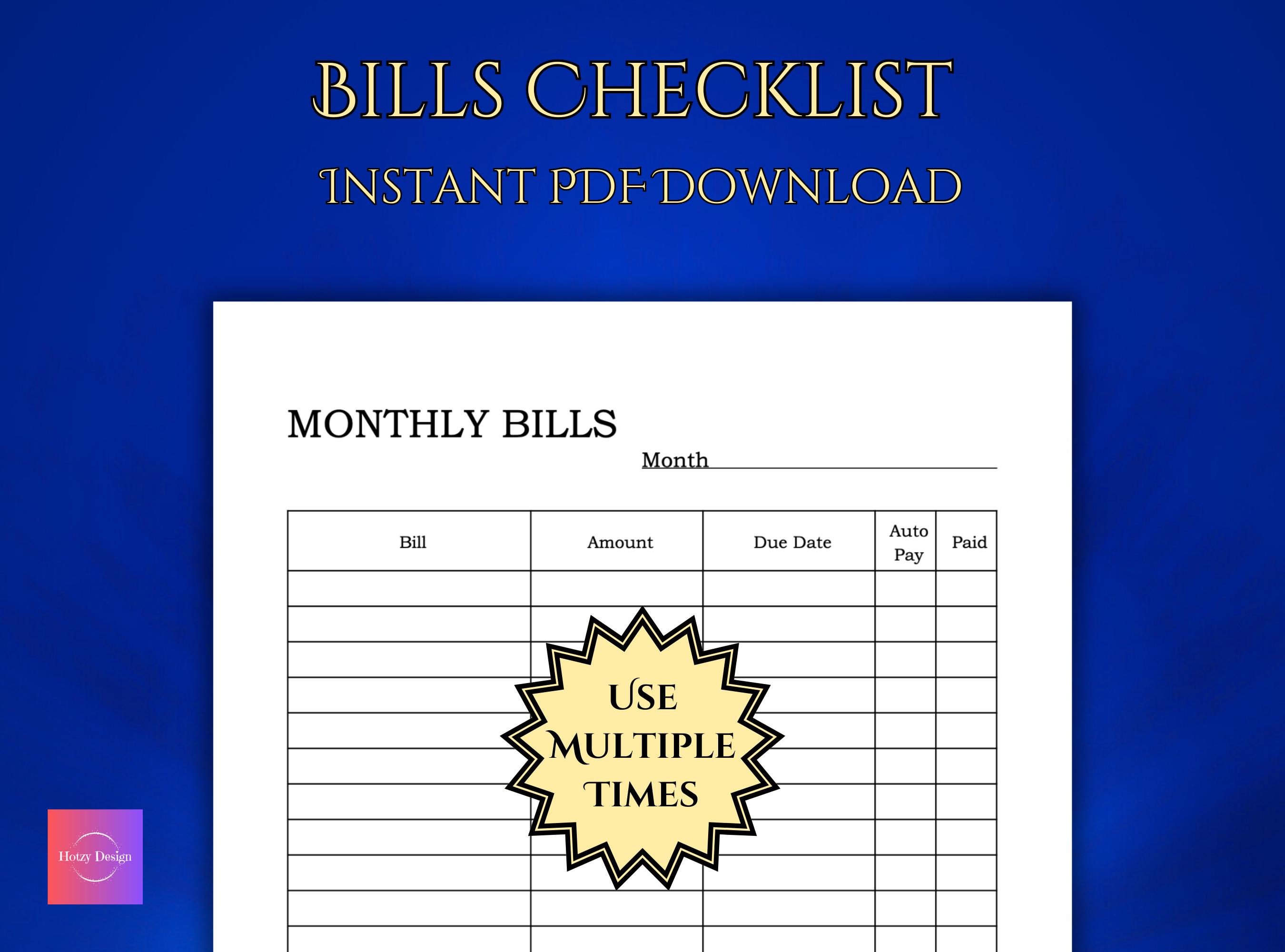 Monthly Bills Checklist Printable: Multiple Sizes (digital Download) - Etsy