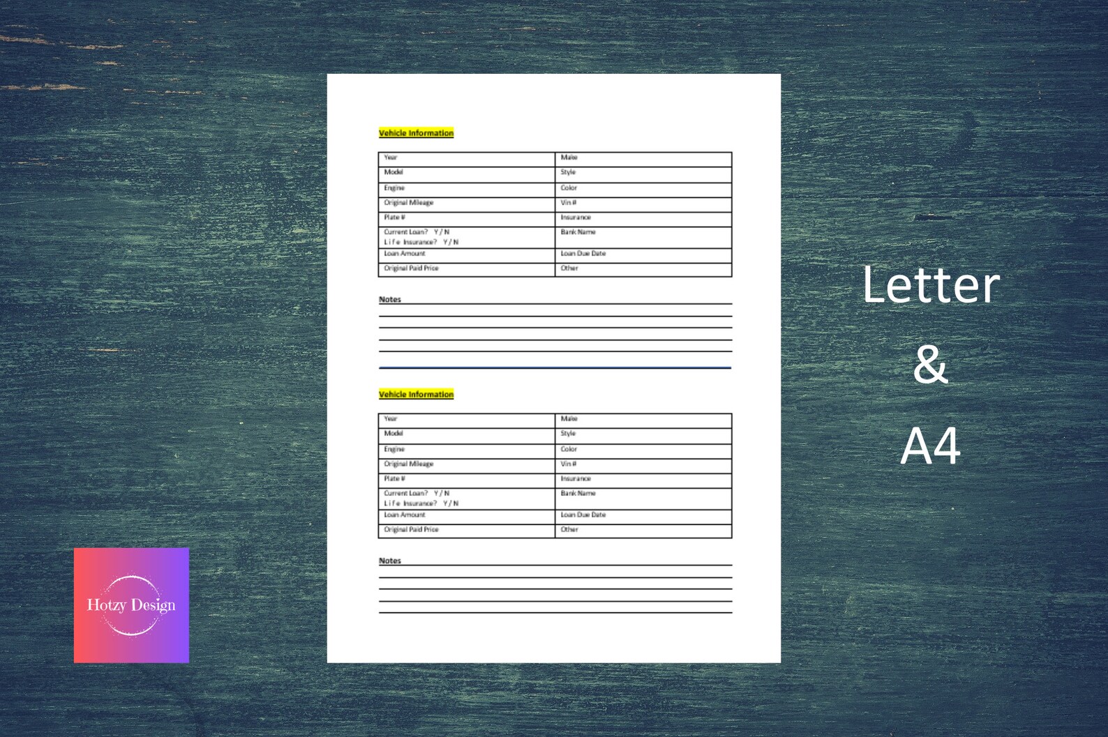 Vehicle Information Chart History Template Page Printable - Etsy