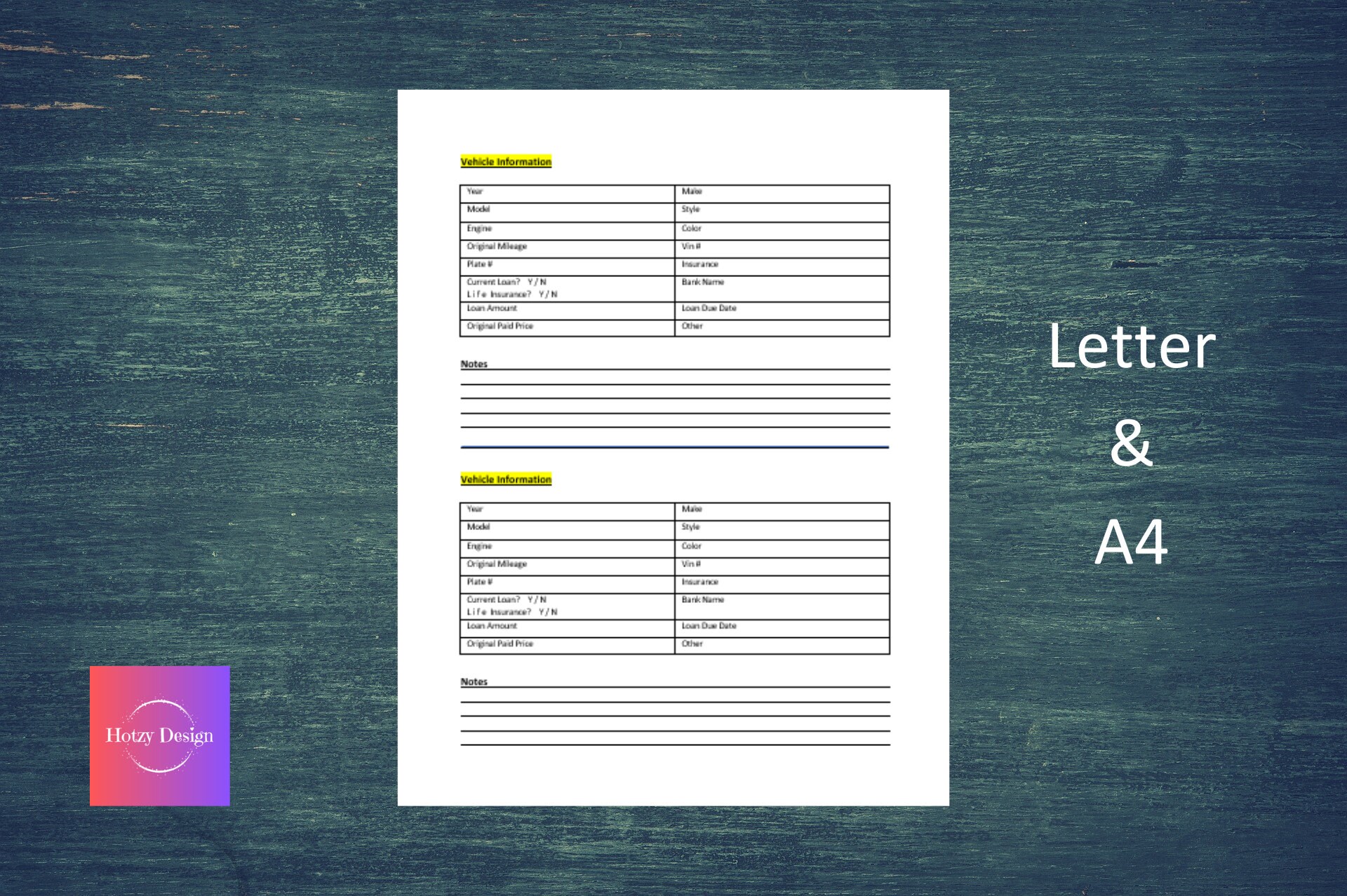 Vehicle Information Chart History Template Page Printable - Etsy