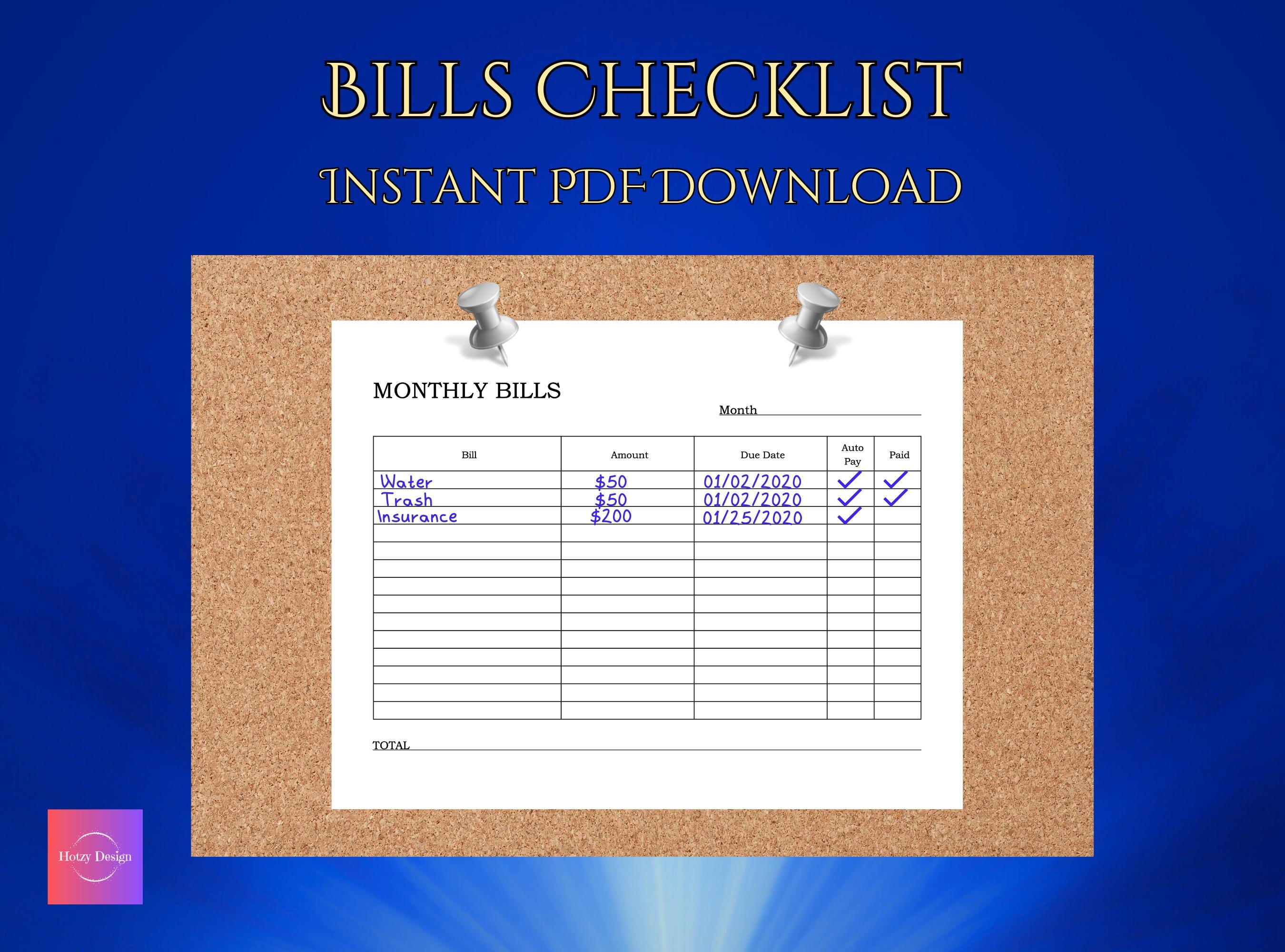 Monthly Bills Checklist Printable: Multiple Sizes (digital Download) - Etsy