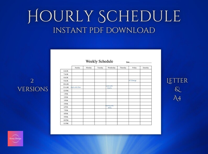 Printable Hourly Weekly Schedule: Letter & A4 (digital Download) - Etsy