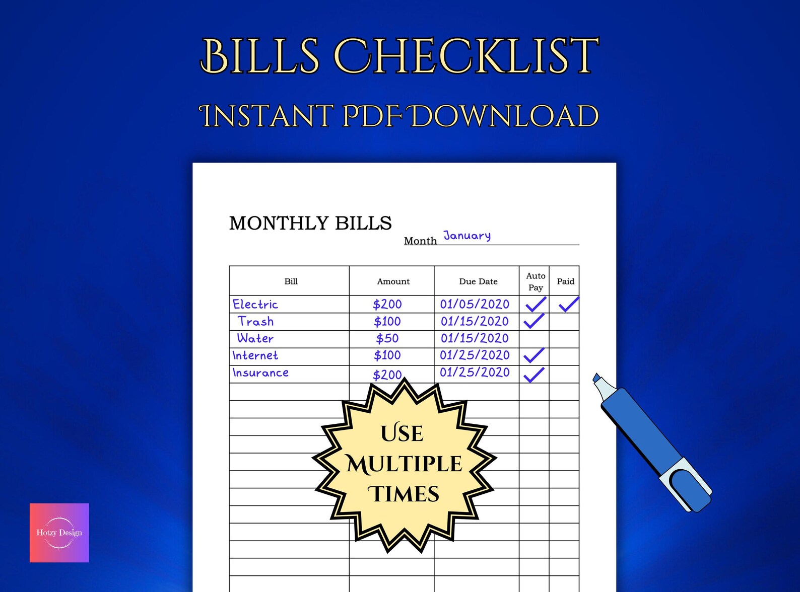 Monthly Bills Checklist Printable: Multiple Sizes (digital Download) - Etsy
