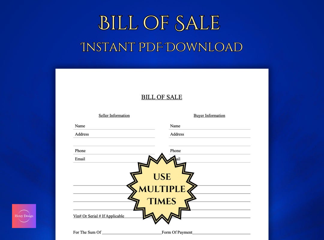 Bill of Sale/proof of Purchase Template for General Items, Motor ...