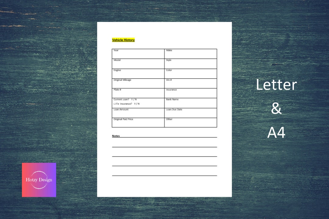 Vehicle Information Chart History Template Page Printable - Etsy