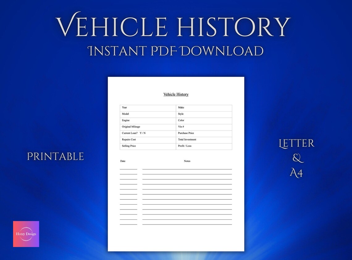 Vehicle Information Chart History Template Page - Printable PDF- Letter ...