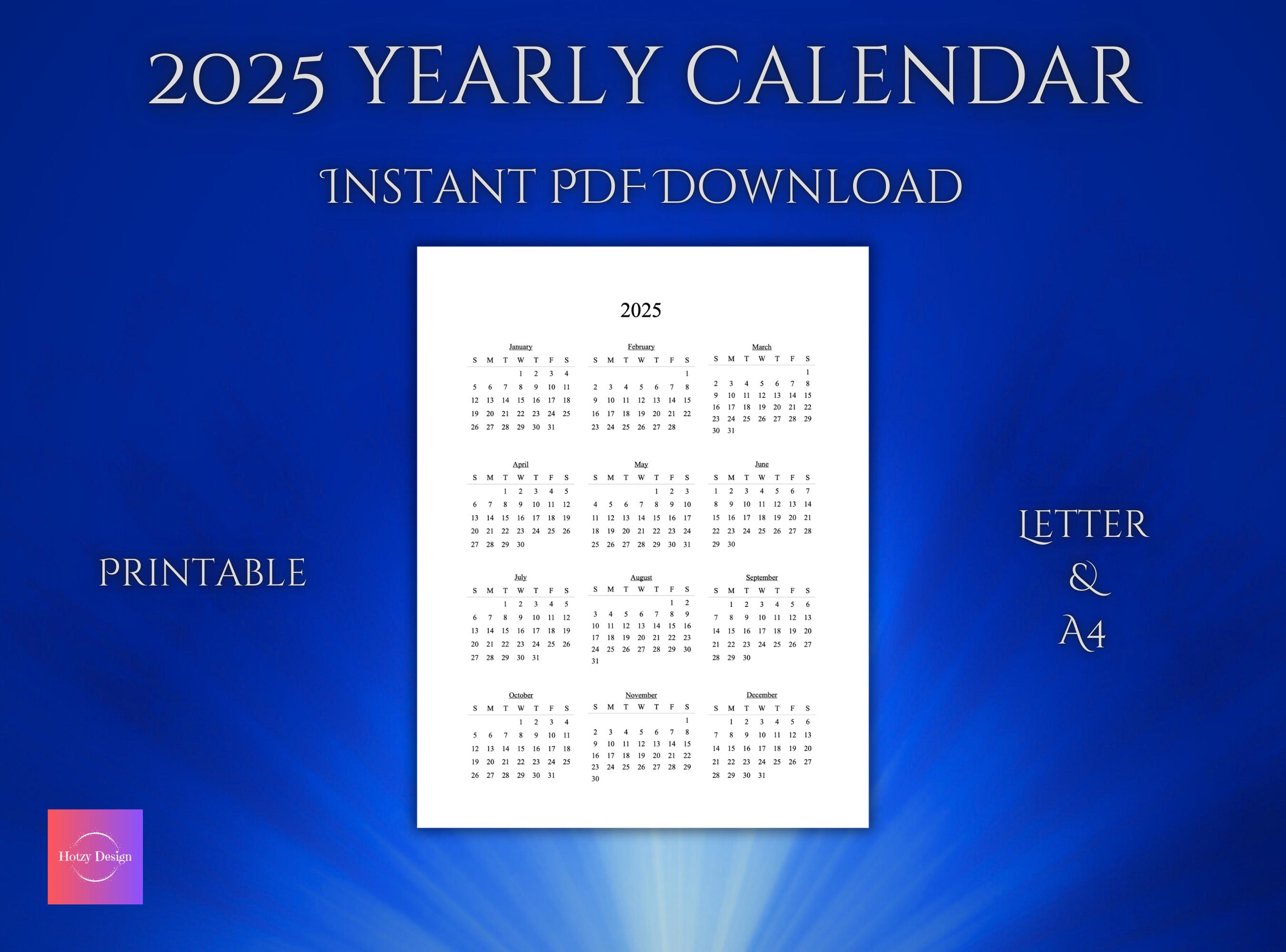 2025 Yearly Calendar - Printable Letter and A4 Size - Etsy Australia