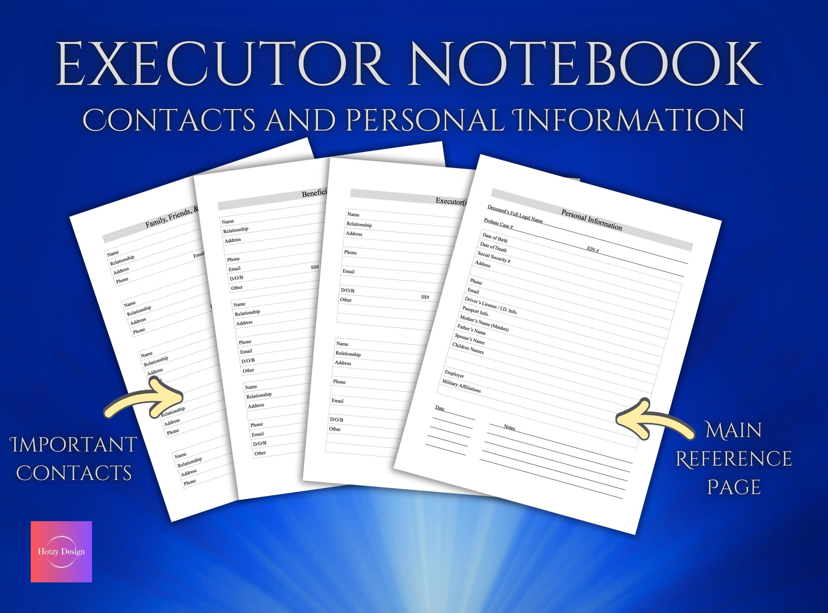 Executor Notebook Worksheets for Bills, Assets, Financial, Personal ...