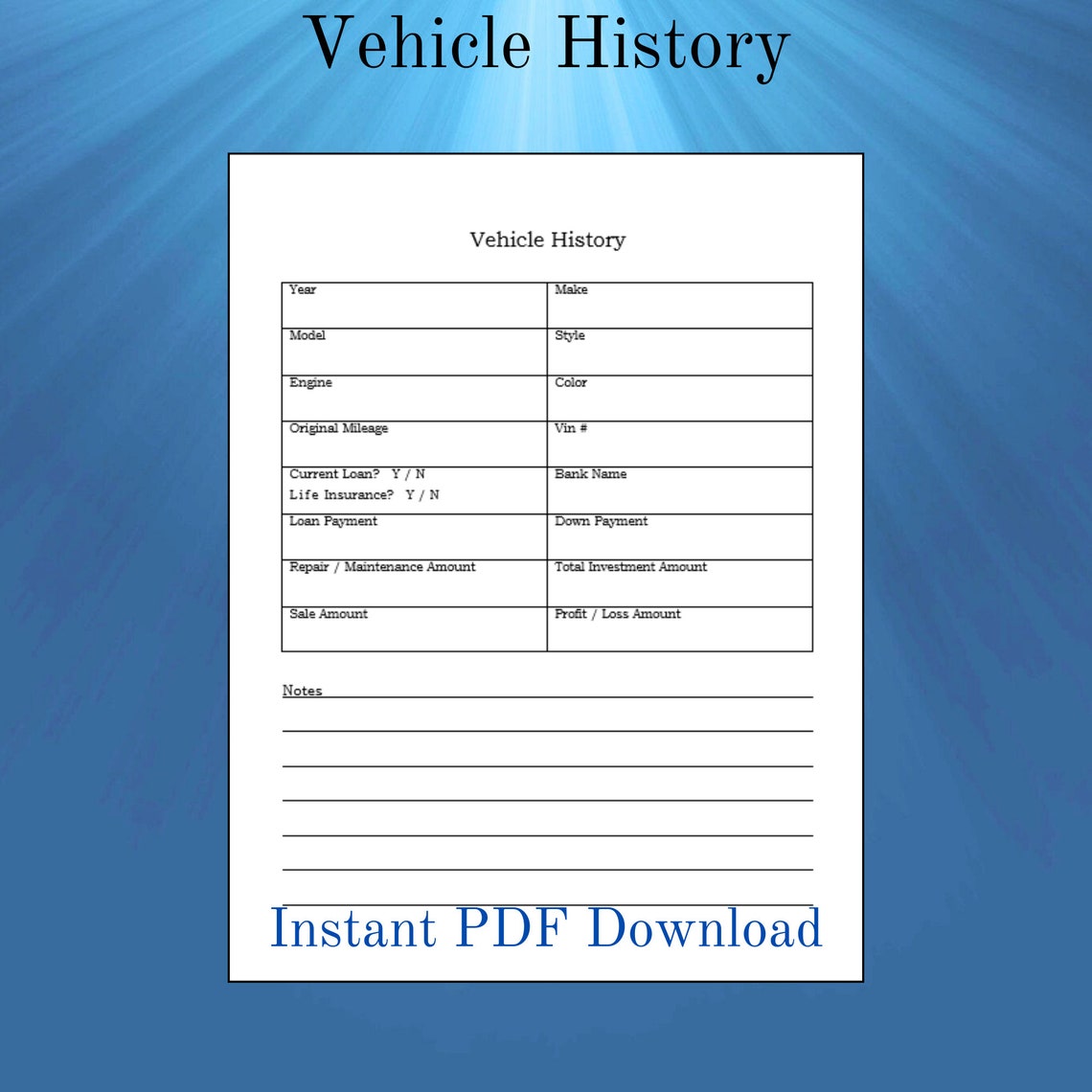 Vehicle Information Chart History Template Page Printable - Etsy