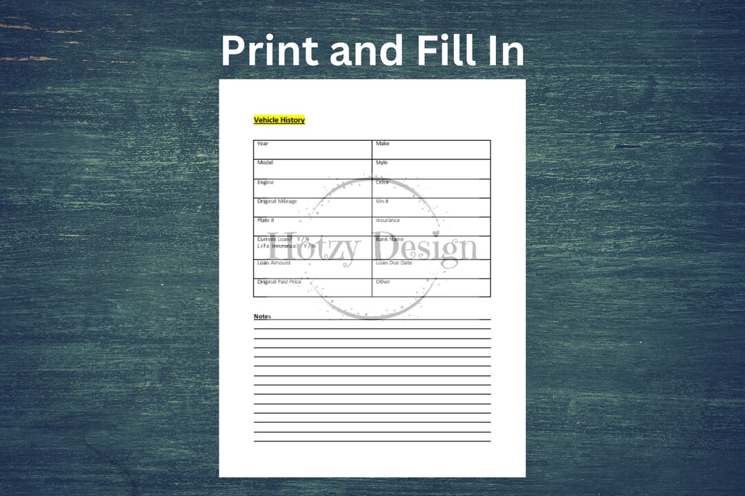 Vehicle Information Chart History Template Page - Etsy