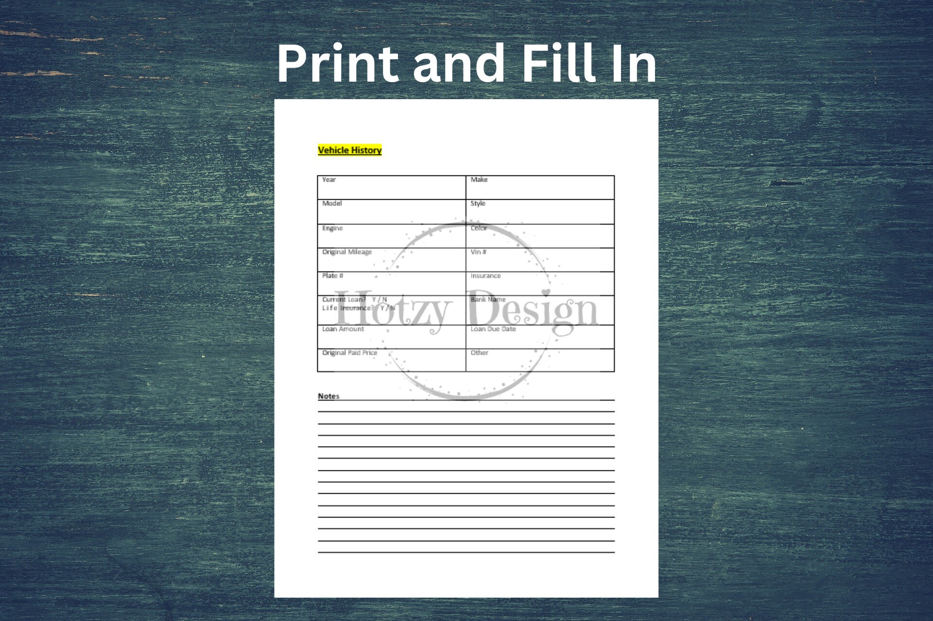 Vehicle Information Chart History Template Page - Etsy