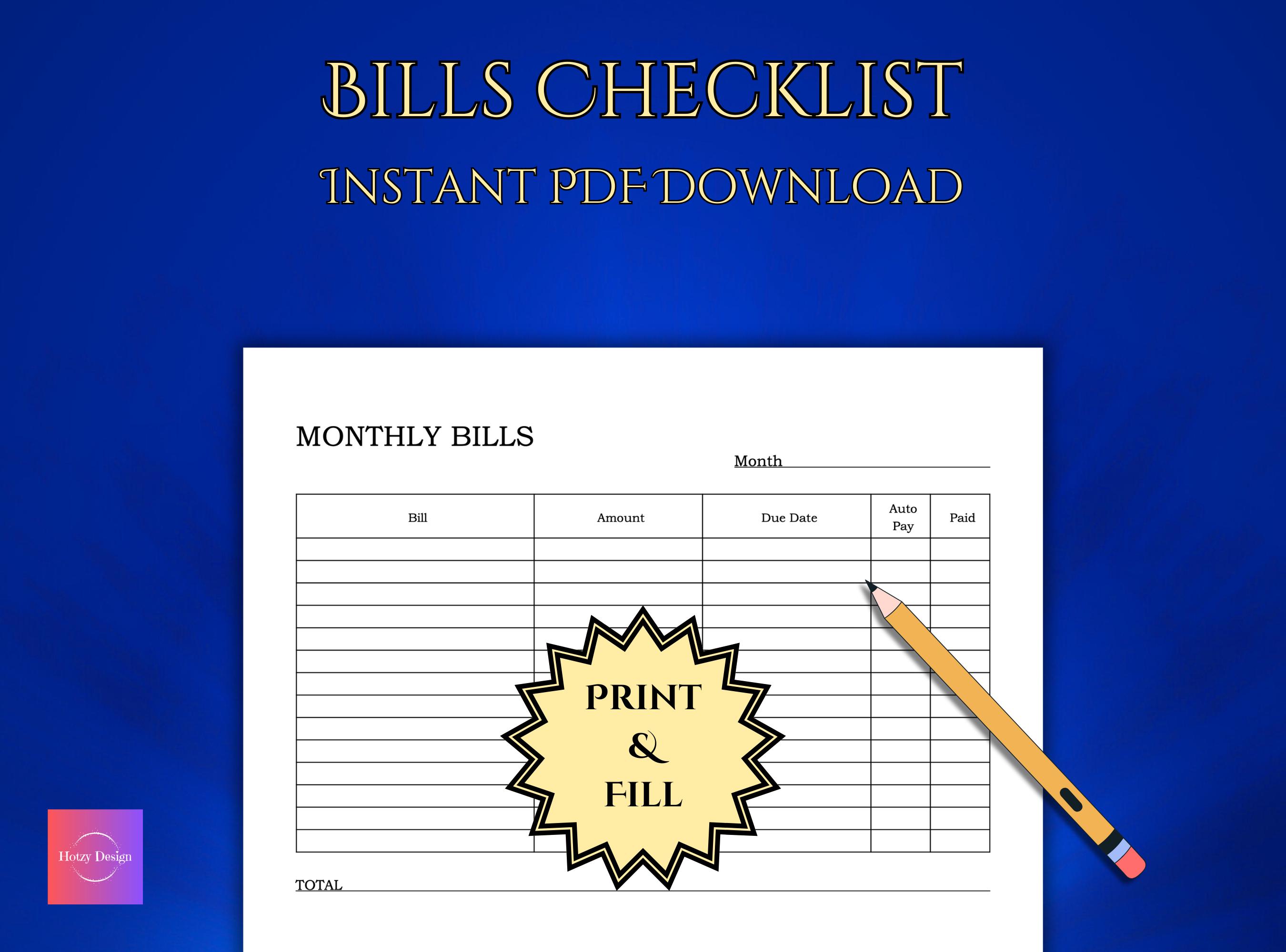 Monthly Bills Checklist Printable: Multiple Sizes (digital Download) - Etsy