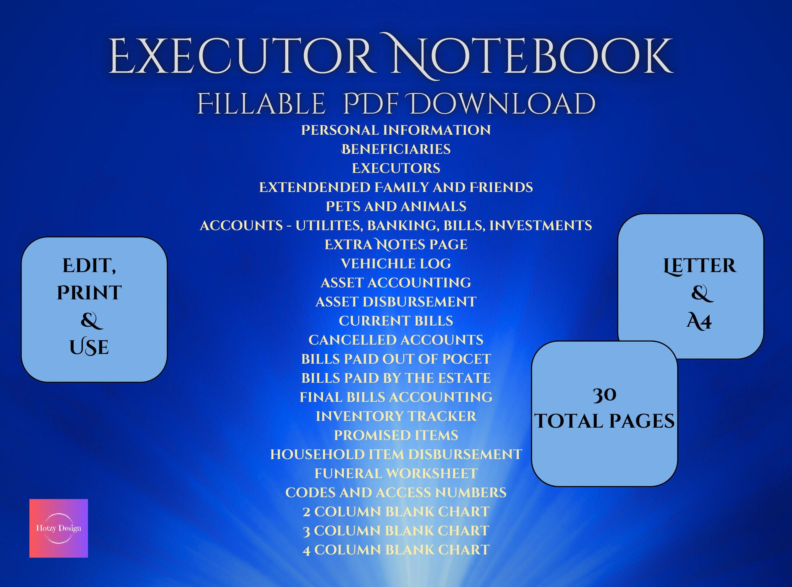 Executor Notebook: Estate Administration, Bills, Assets (printable PDF ...