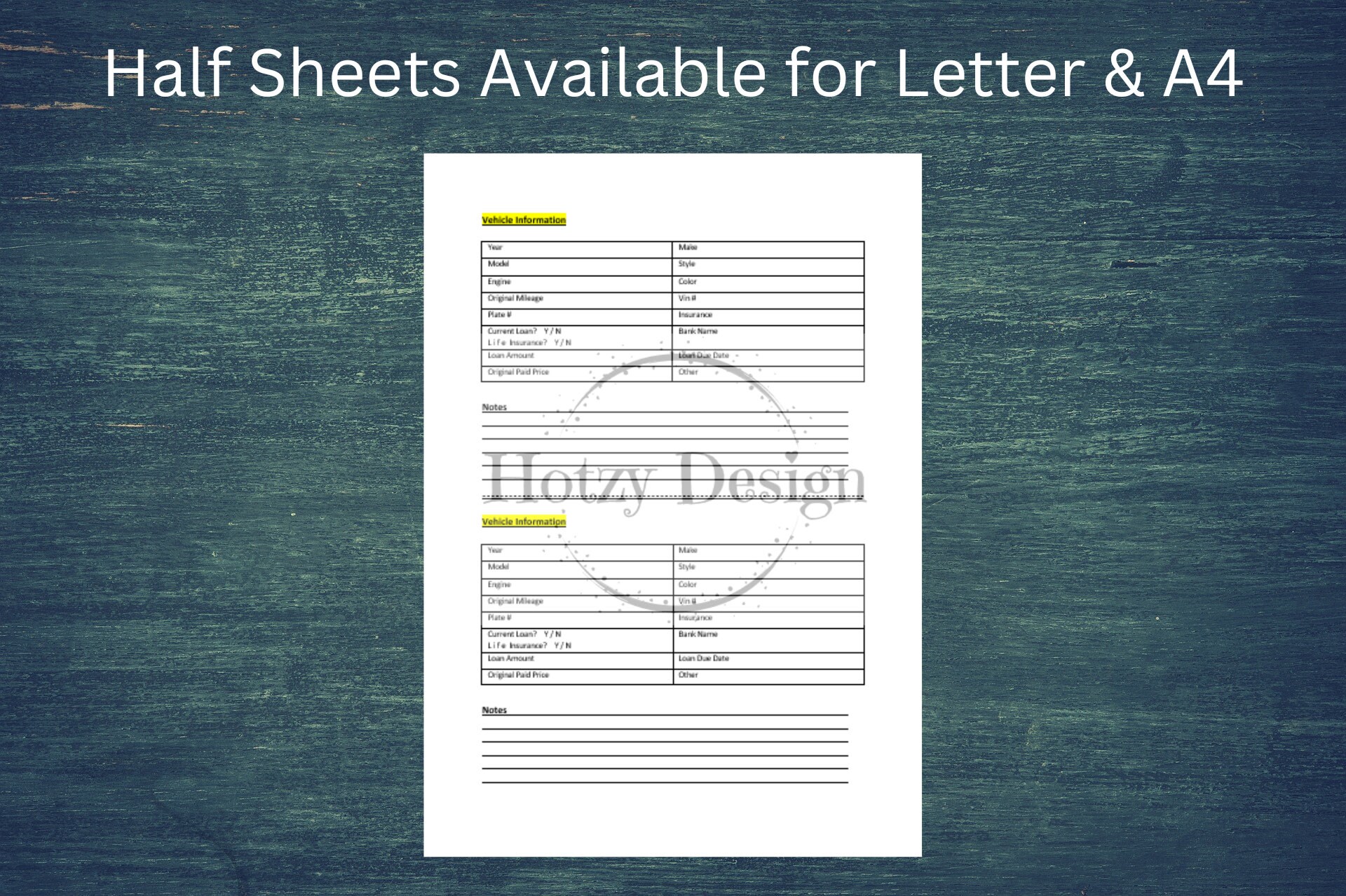 Vehicle Information Chart History Template Page - Etsy