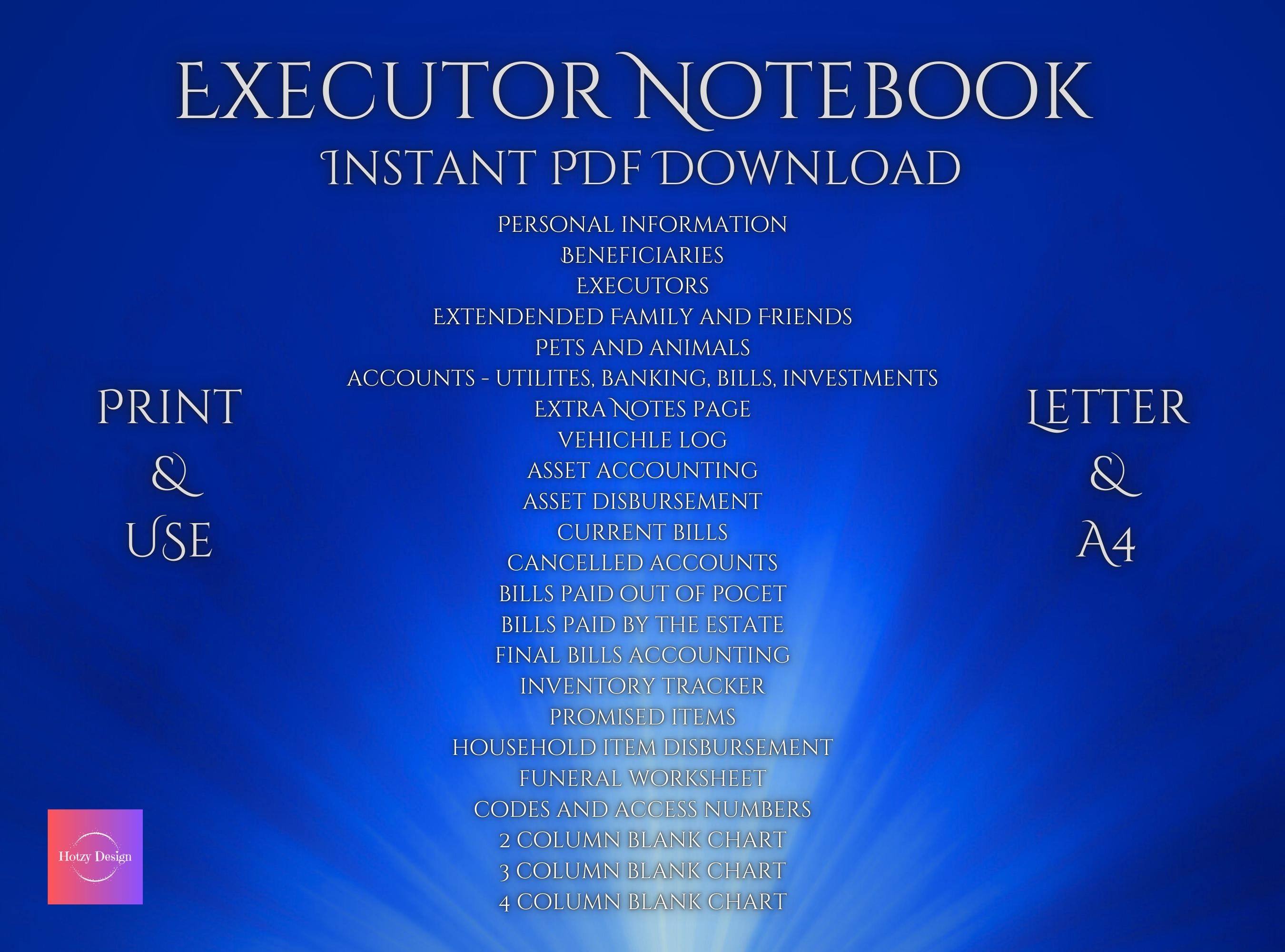 Executor Notebook Worksheets for Bills, Assets, Financial, Personal ...