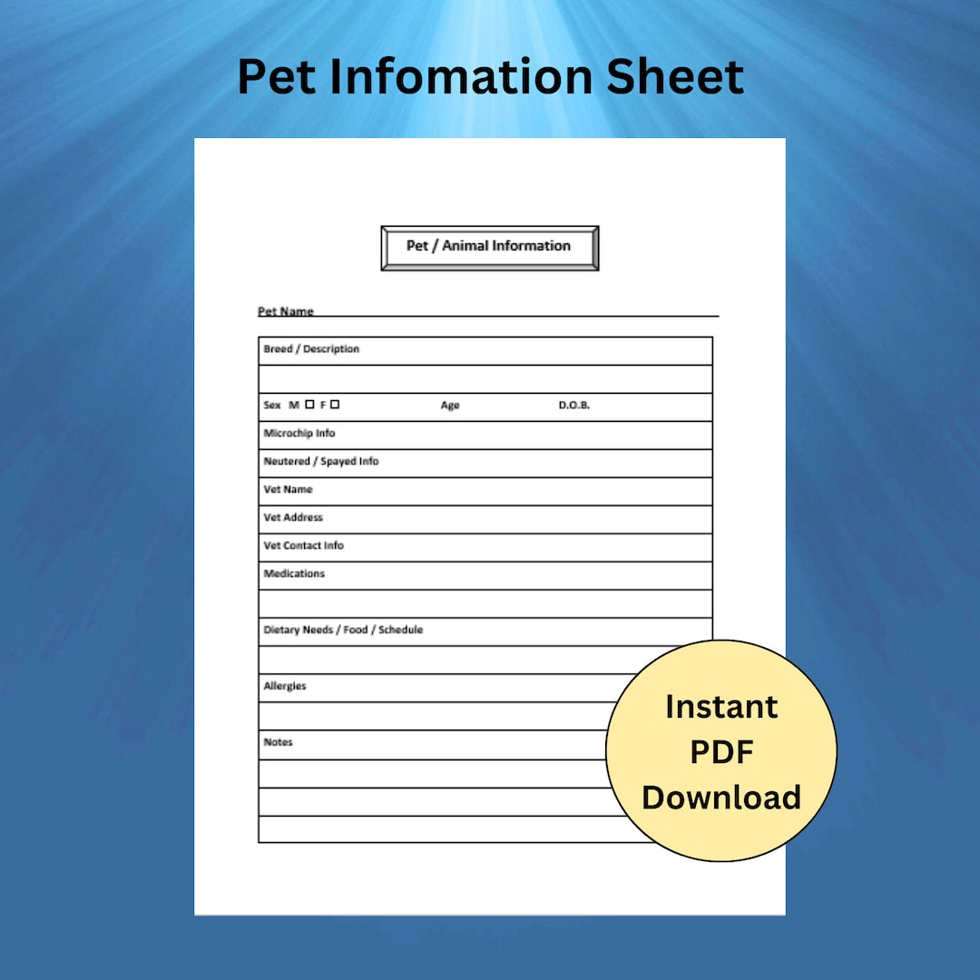 Pet and Animal Information Sheet Template Printable - Etsy