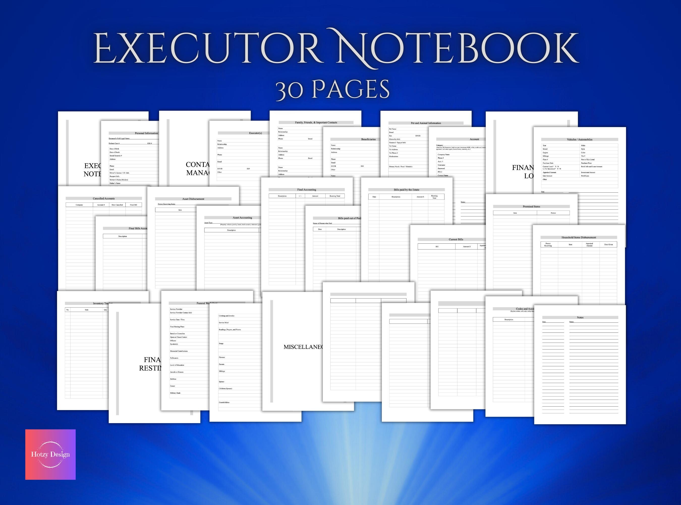 Executor Notebook Worksheets for Bills, Assets, Financial, Personal ...