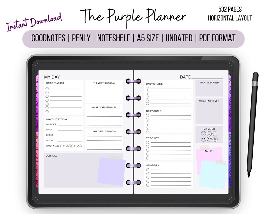 The Purple Planner 532 Page A5 Size Digital Planner Undated Goodnotes ...