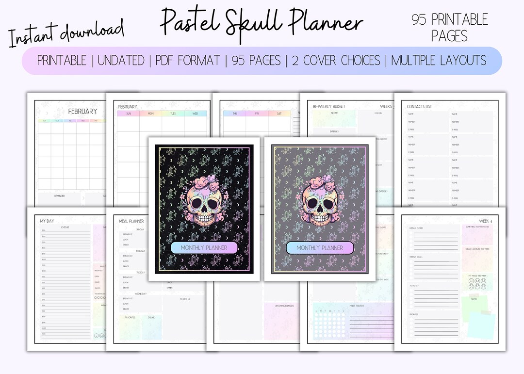 Pastel Goth Skull Printable Planner Bundle Undated 95 Pages 1 Year ...