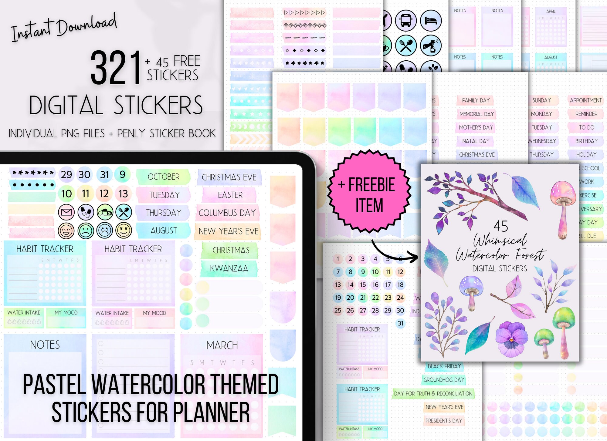 Pastel Watercolor Digital Planner Stickers FREE Stickers 321 Individual ...