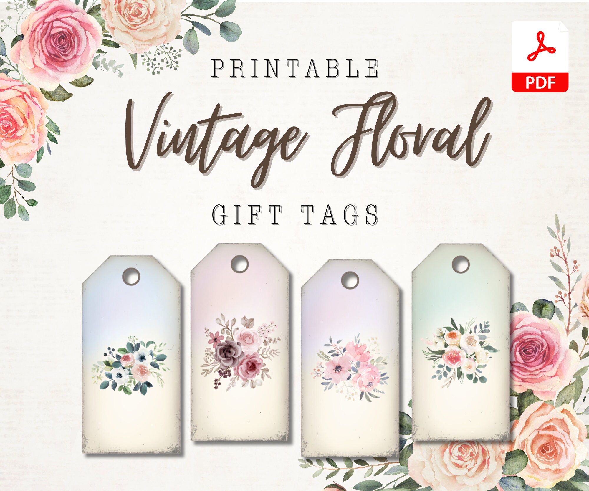 Printable Vintage Floral Gift Tags PDF 4 Colors - Etsy