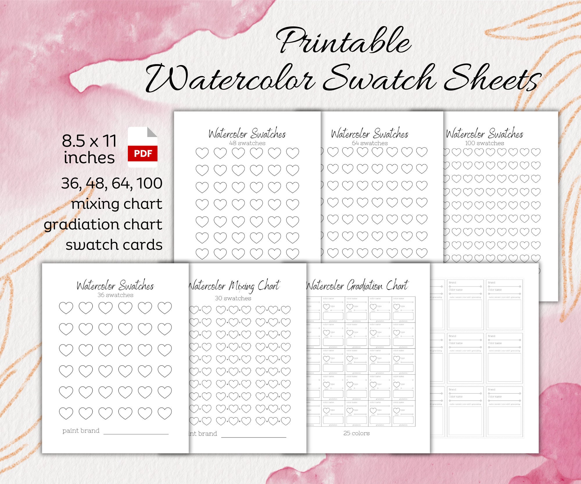 Printable Watercolor Swatch Sheets | 36,48,64,100 + Charts | 7 Pages in ...
