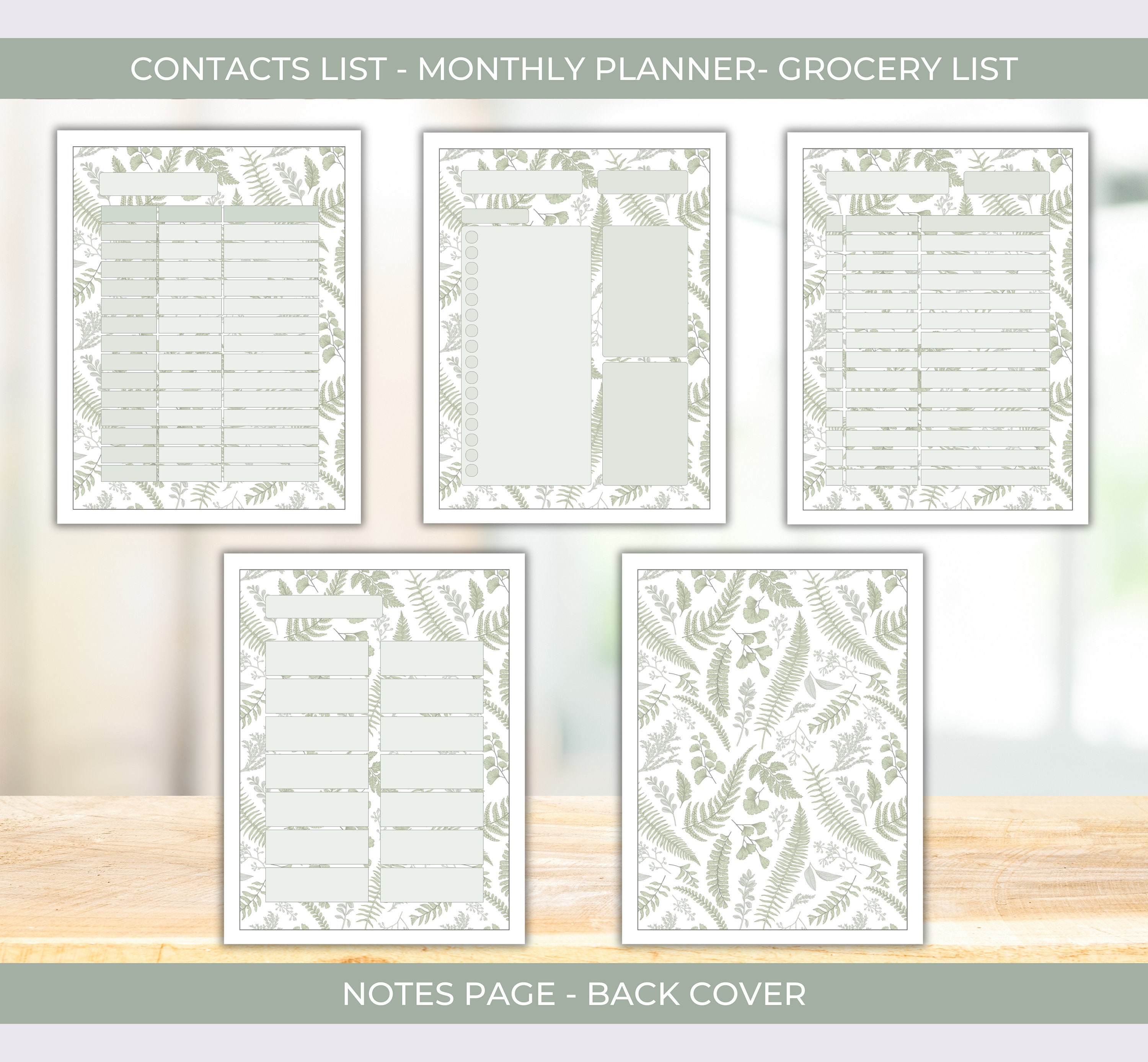 Undated Green Leaf Minimalist Printable Monthly Planner Bundle ...