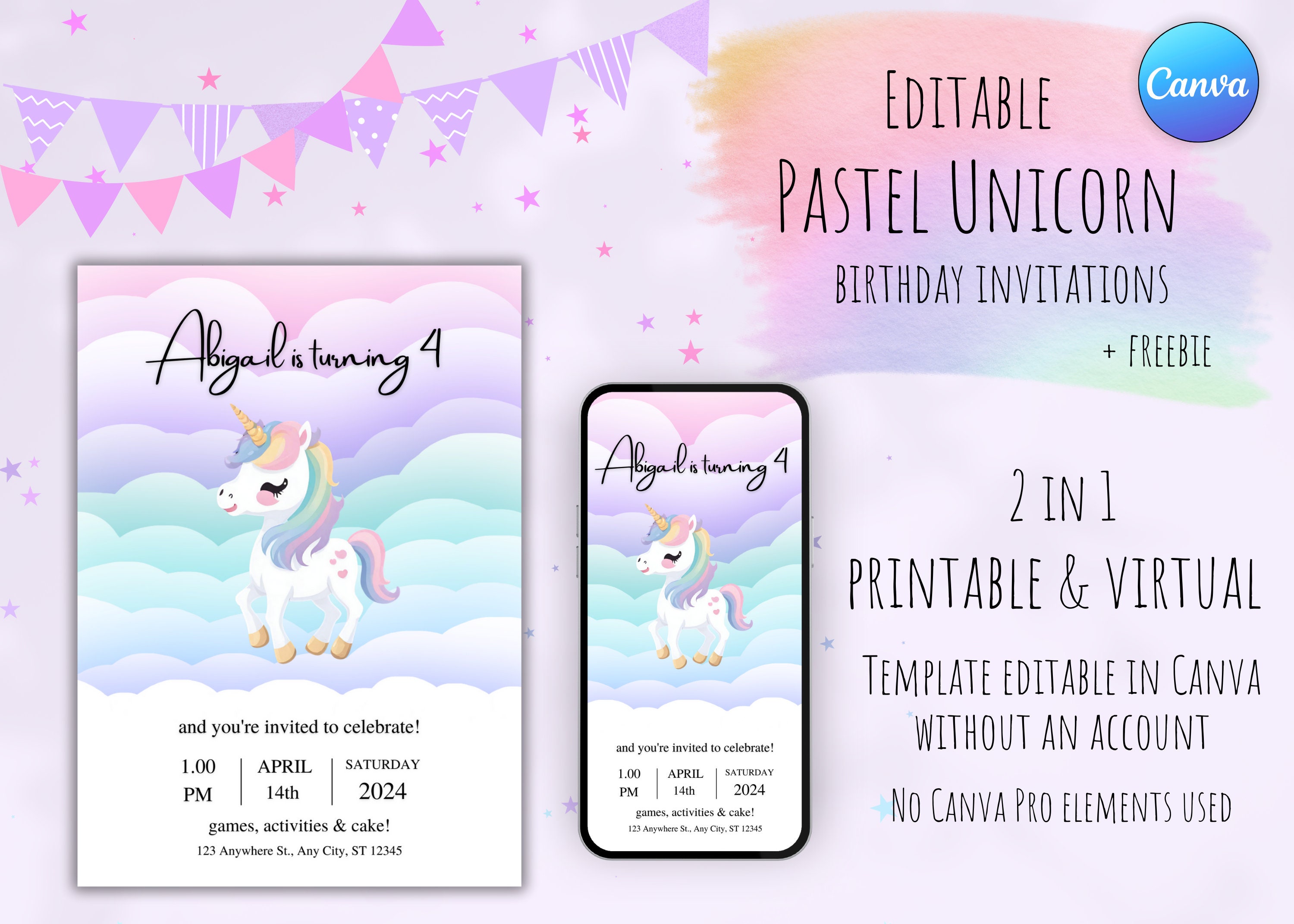 EDITABLE Printable Pastel Unicorn Birthday Invitation Template Edit in ...