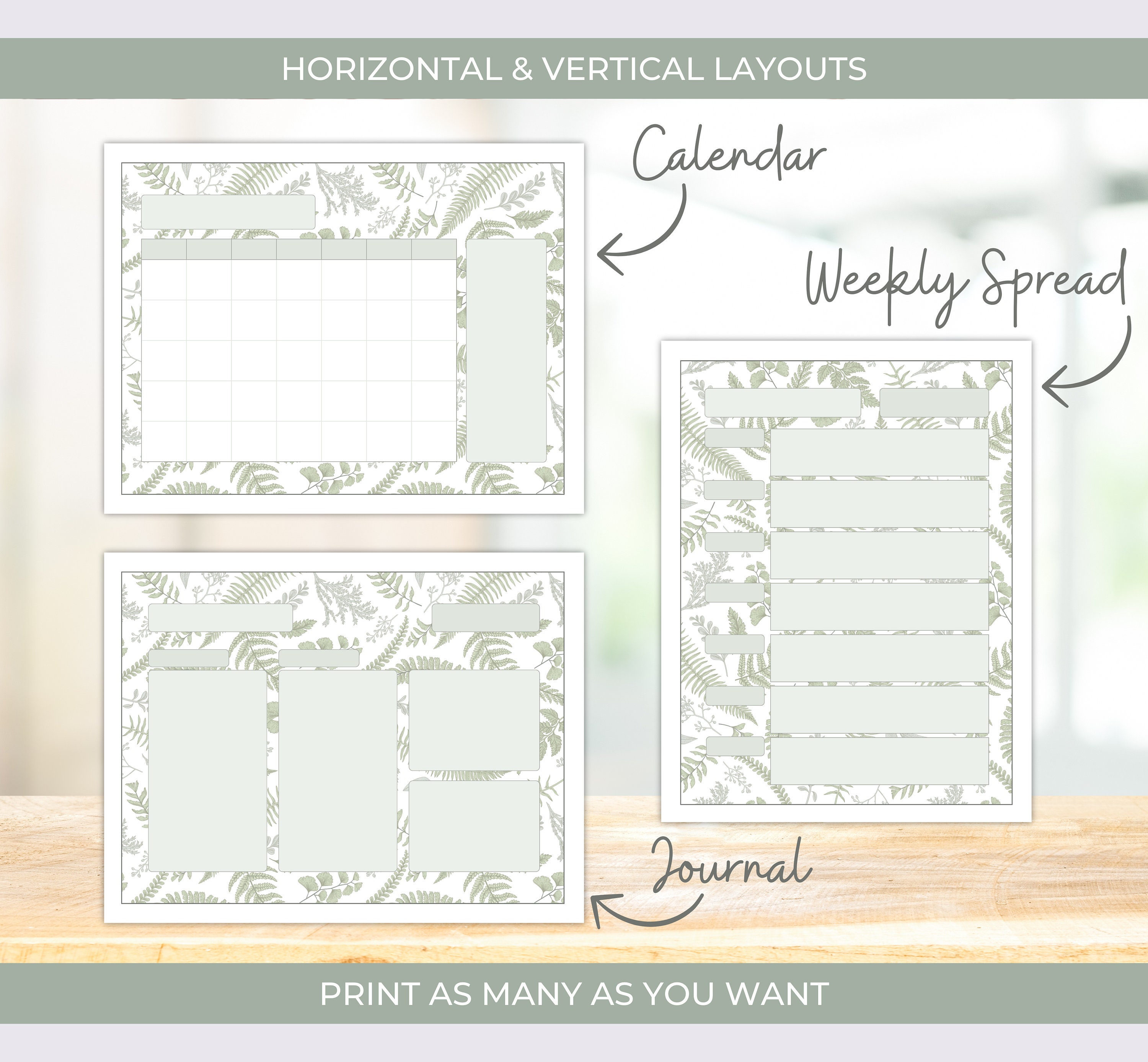 Undated Green Leaf Minimalist Printable Monthly Planner Bundle ...