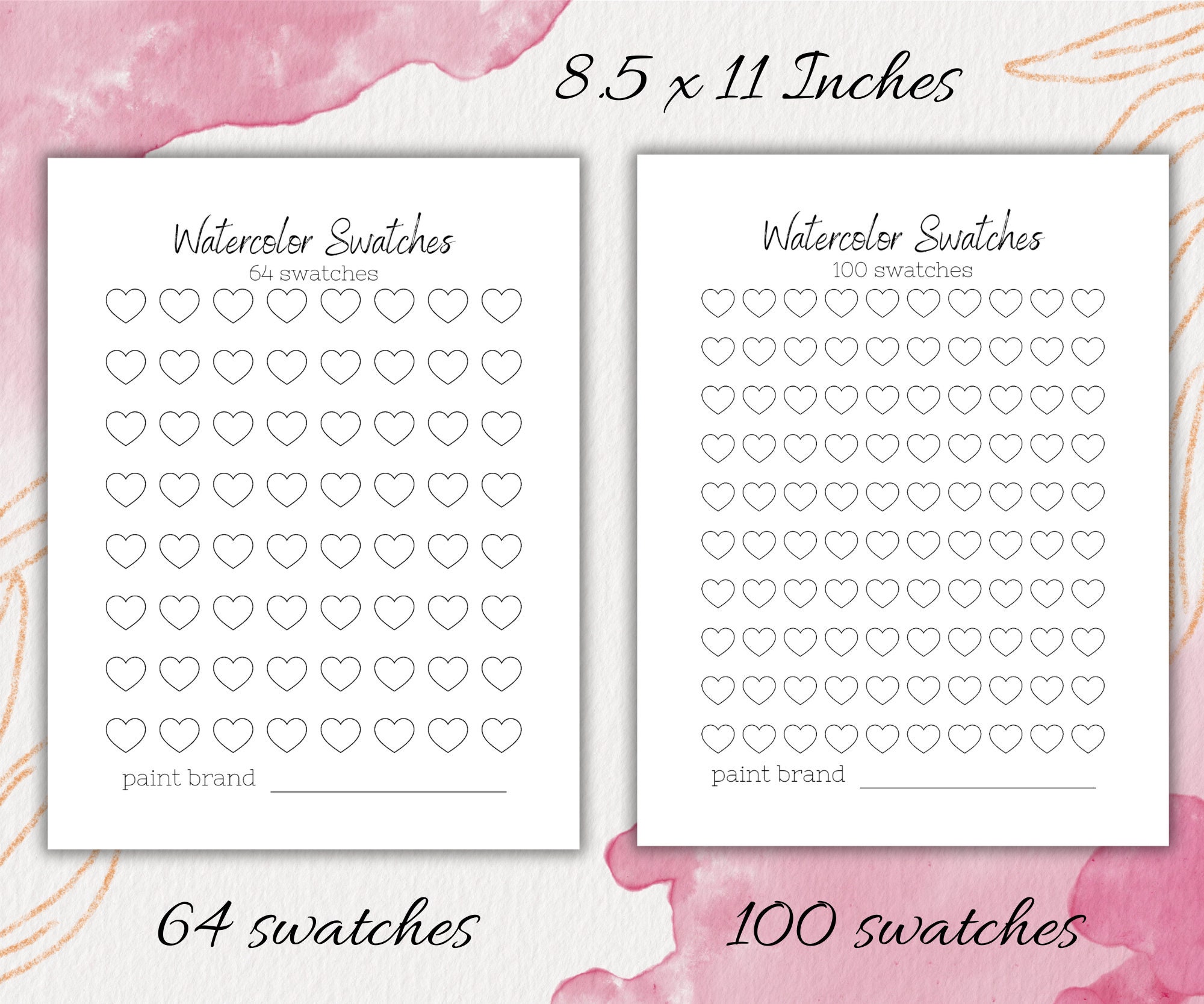 Printable Watercolor Swatch Sheets | 36,48,64,100 + Charts | 7 Pages in ...