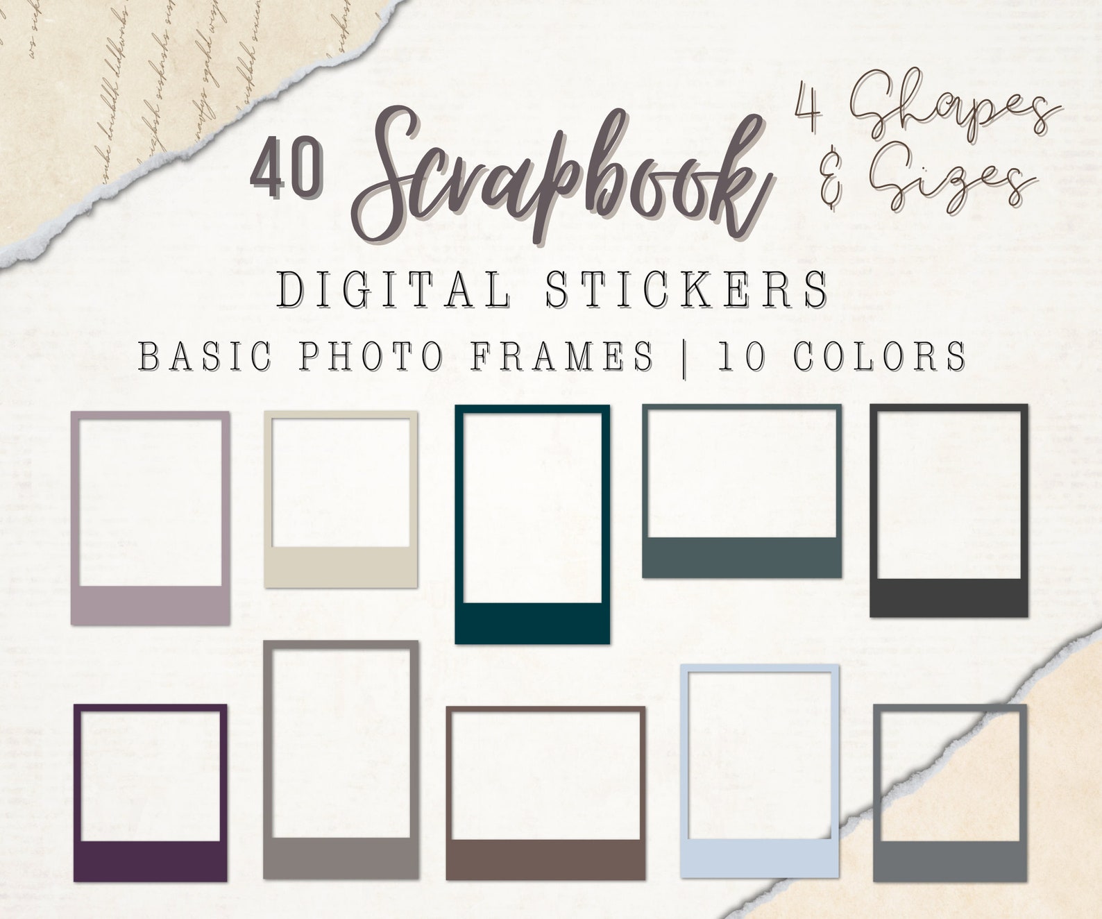40 Digital Scrapbook Stickers | Basic Photo Frames | 10 Colors | 4 ...