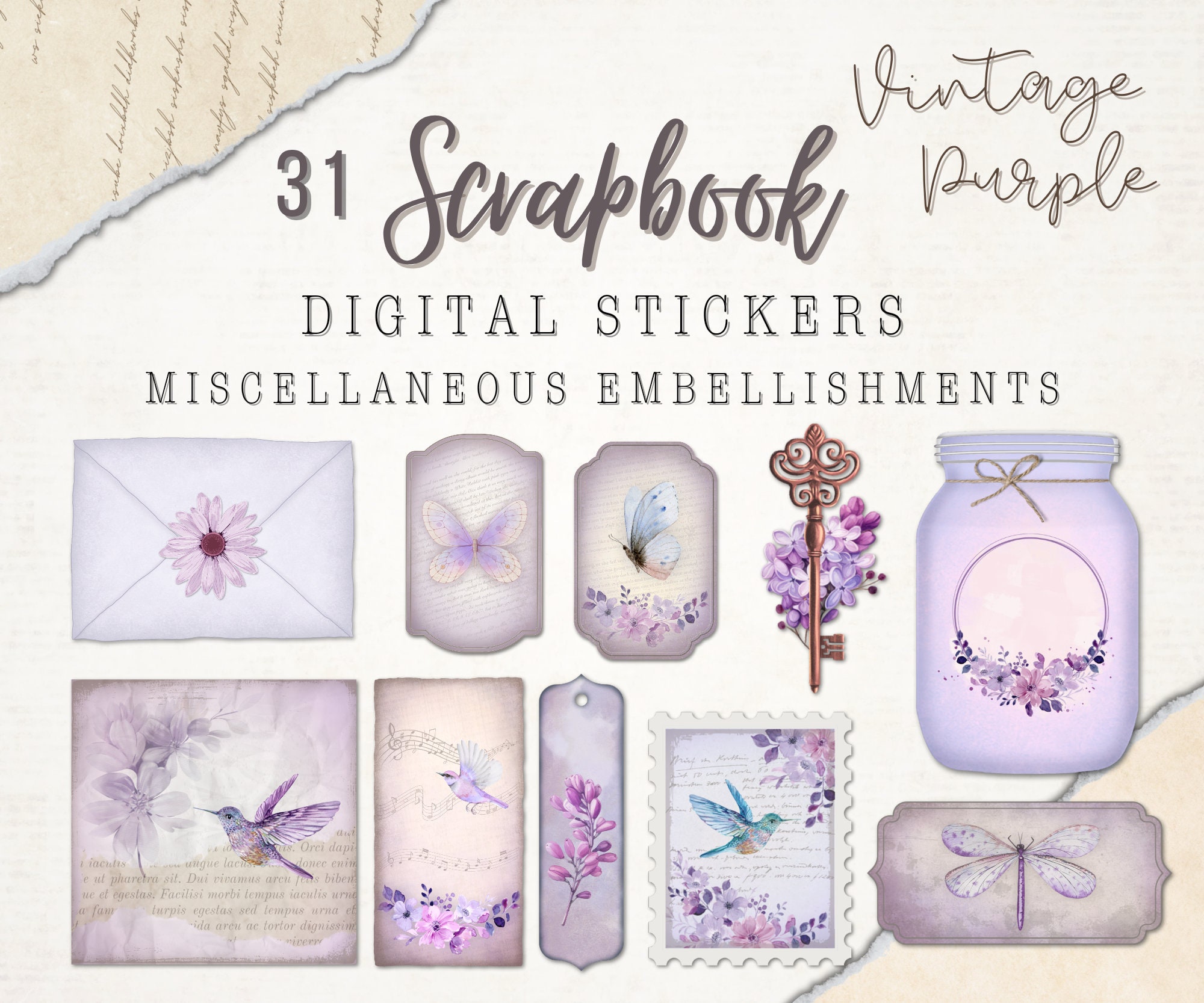 31 Scrapbook Digital Stickers | Vintage Purple Miscellaneous ...