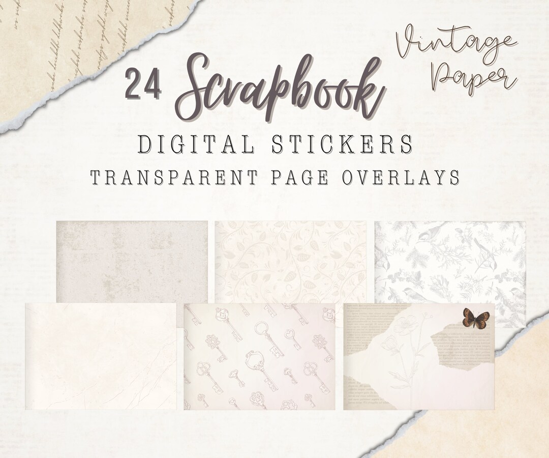 24 Vintage Paper Scrapbook Digital Sticker Page Overlays | Transparent ...