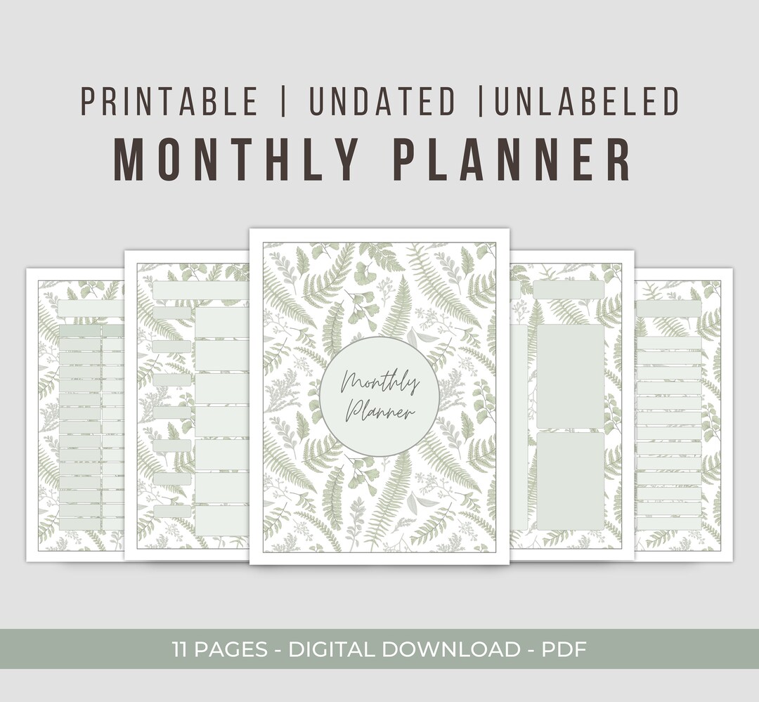 Undated Green Leaf Minimalist Printable Monthly Planner Bundle ...